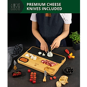 ROYAL CRAFT WOOD Extra Large Bamboo Cheese Board and Knife Set - With Slate Plate and Sauce Bowls