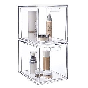 STORi Audrey Stackable Clear Plastic Organizer Drawers | 2 Piece Set | 6.75-Inches Tall | Organize Cosmetics and Beauty Supplies on a Vanity | Made in USA