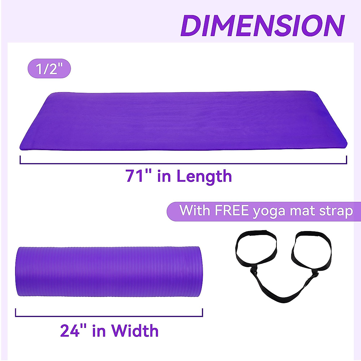 Fitvids All Purpose 1/2-Inch Extra Thick High Density Anti-Tear Exercise Yoga Mat with Carrying Strap, Purple