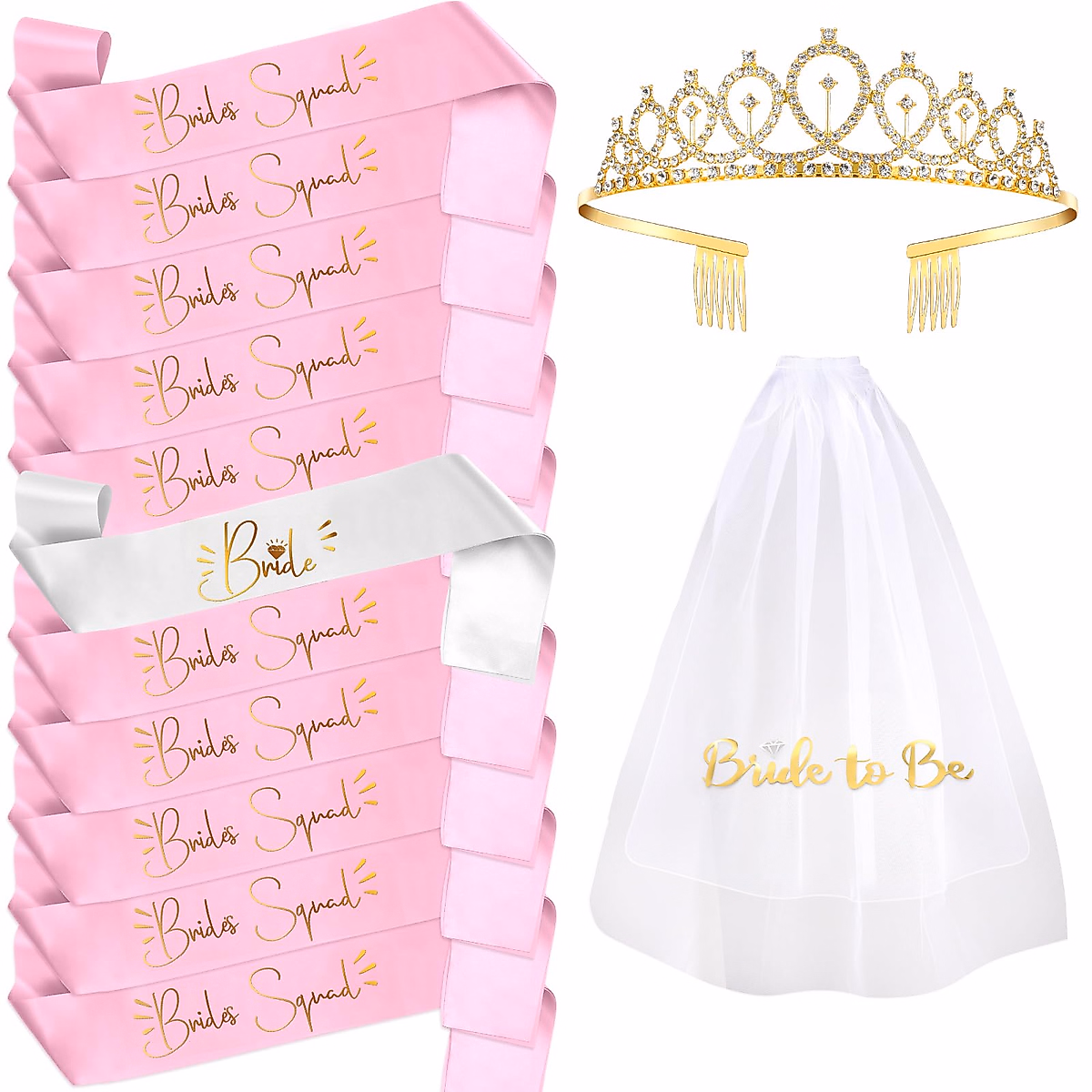 Jutom 14 Pcs Bachelorette Party Bridal Shower Decorations Kit, Include Bride Sash Bachelorette Sash Gold Rhinestone Crown Wedding Veils for Brides Bridesmaids Gift Wedding Bachelorette Party Supply