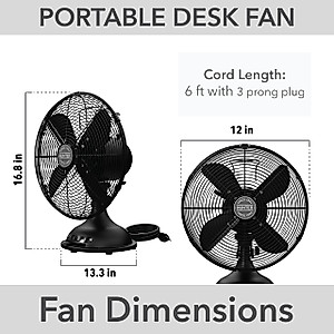 Hunter Classic D12 Portable Desk Fan 12 inch, 3 Speed, Matte Black, 97314