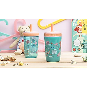 Zak Designs Shells Kelso Tumbler Set, Leak-Proof Screw-On Lid with Straw, Bundle for Kids Includes Plastic and Stainless Steel Cups with Bonus Sipper (3pc Set, Non-BPA) 15 fl.oz.
