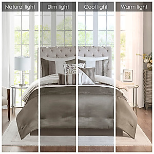 Madison Park Amherst Faux Silk Comforter Set-Casual Contemporary Design All Season Down Alternative Bedding, Matching Shams, Bedskirt, Decorative Pillows, Queen(90"x90"), Natural, 7 Piece (MP10-121)