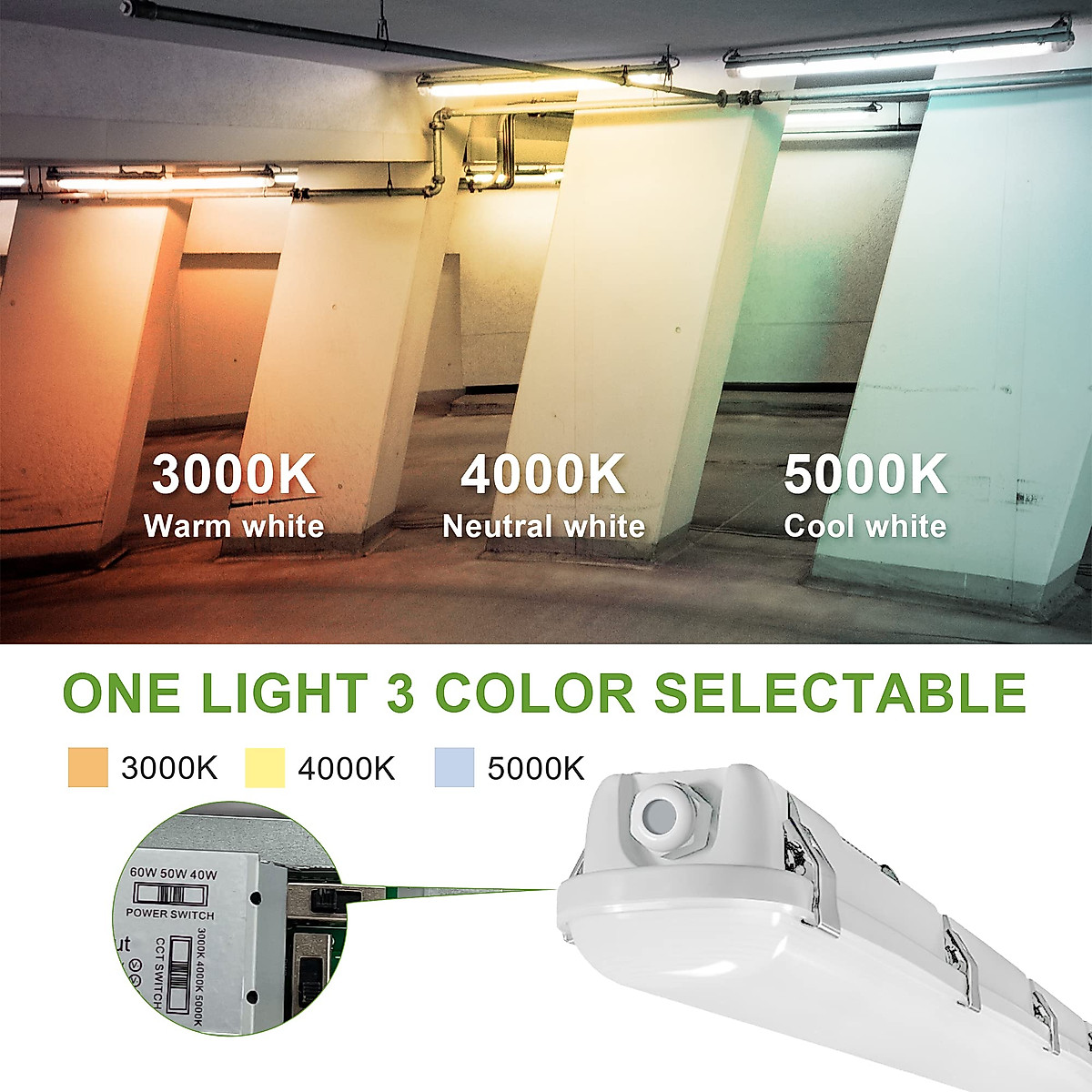 LED Flying Direct 4FT LED Vapor Tight Lights, 40W-50W-60W Selectable, 3000K-4000K-5000K Tunable, IP66 Waterproof LED Shop Light for t for Car Wash, Garage, Walk-in Freezer, 100-277V ETL Listed