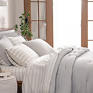 SHALALA Light Grey Cotton Gauze Lightweight Comforter Bedding Sets, Light Grey Comforters for King Bed, 7pcs Soft Warm Bed Sets with Comforter Set and Gray Striped Sheet Sets