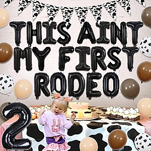 Wonmelody 23pc Western Cowboy 2nd Birthday Decorations: This Aint My First Rodeo Balloon Set - Black, Number 2, Horse, Cow Pennant - Girls, 2nd Birthday