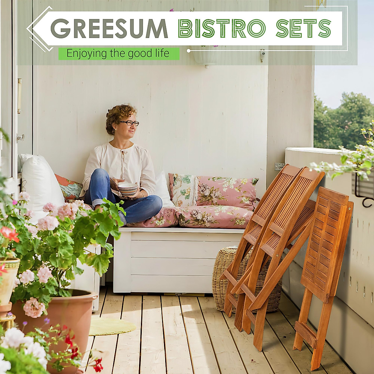 Greesum 3 Piece Patio Folding Furniture Bistro Set with 2 cushions for Pool Beach Backyard Balcony Porch Deck Garden, Acacia Wood