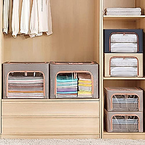 OJIMO Foldable Clothes Storage Bins 2 Pack,Stackable Metal Frame Storage Box w/Reinforced Handle, Stackable Thick Linen Fabric Closet Organizer Set with Clear Windows, Sturdy Zippers(15.4x11.4x7.9in)