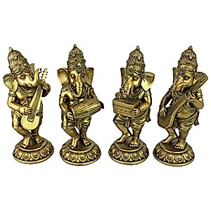 Design Toscano Musical Ganesha Hindu Elephant Men Band Statues, Set of Four Figurines, 7 inches tall, Cast Stone Resin, Antique Gold Finish