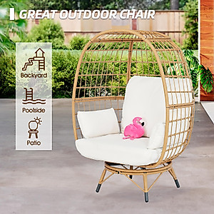 Temminkki Oversized Wicker Egg Chair Outdoor Indoor All-Weather Basket Lounger Chair with Beige Cushion 440lb Capacity