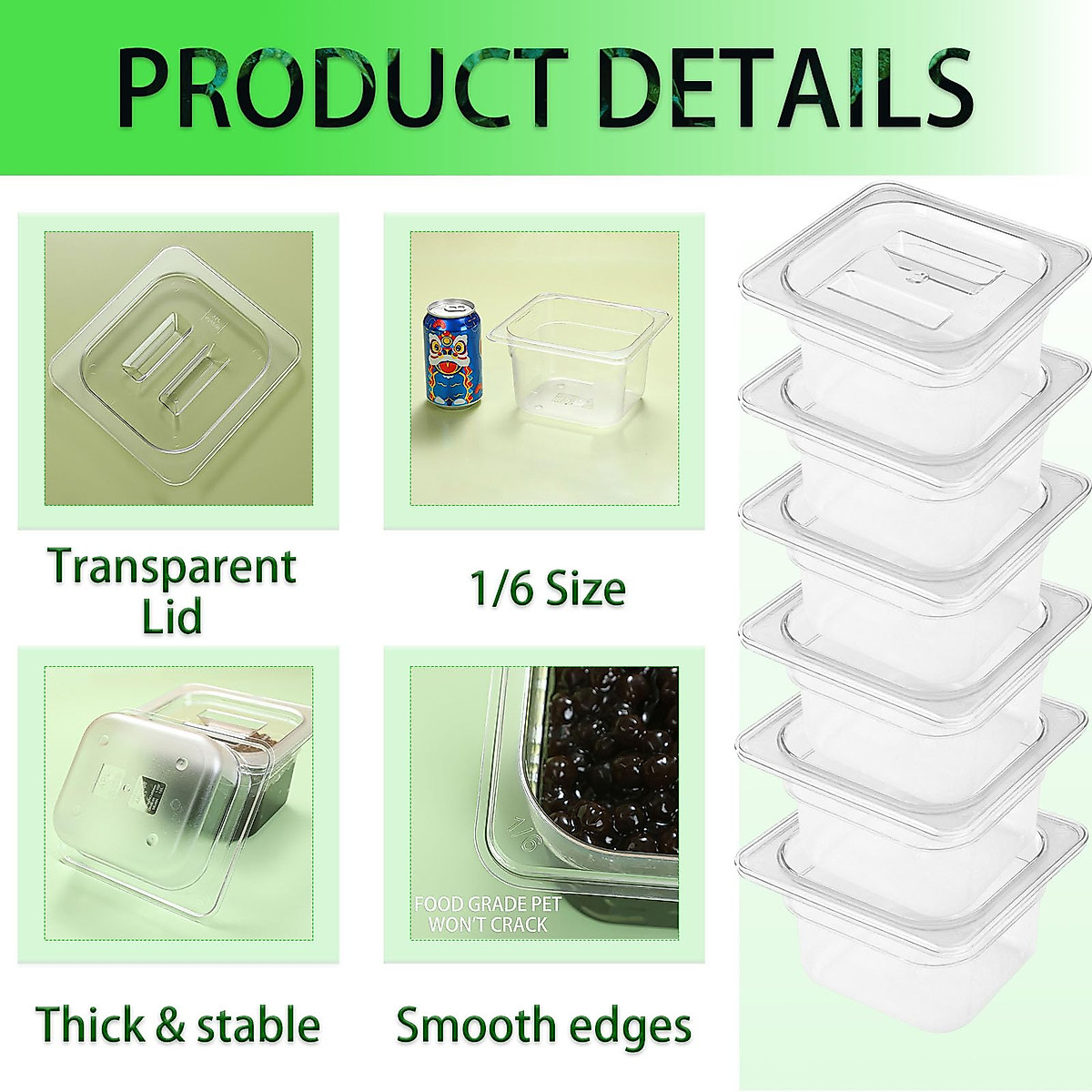 Cheardia 6 Pack 1/6 Size Polycarbonate Food Pans with Lids, Plastic Clear Restaurant Containers Salad Bar Containers for Fruits, Vegetables, Kitchen Food Prep, 4 Inch Deep