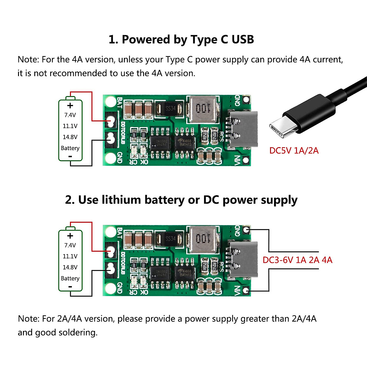 AITIAO 2PCS Type C BMS 2S 3S 4S 1A 2A 4A 18650 3.7V Lithium Battery Charge Board Step-Up Boost Li-Po Polymer USB C to 8.4V 12.6V 16.8V(3S 2A)