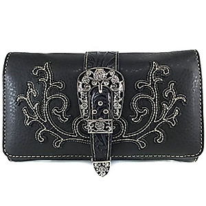Justin West Tooled Floral Embroidery Buckle Studded Concealed Carry Tote Purse (Black Purse Wallet Set)