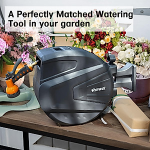 Roywel Hose Reel,Garden Hose Reel with Retractable Hose 100ft 5/8,Hose Reel Wall Mount 5/8 Retractable Hose Reel,Auto-Rewind,Auto Lock, with 9 in 1 Spray Gun,180° Pivot for watering