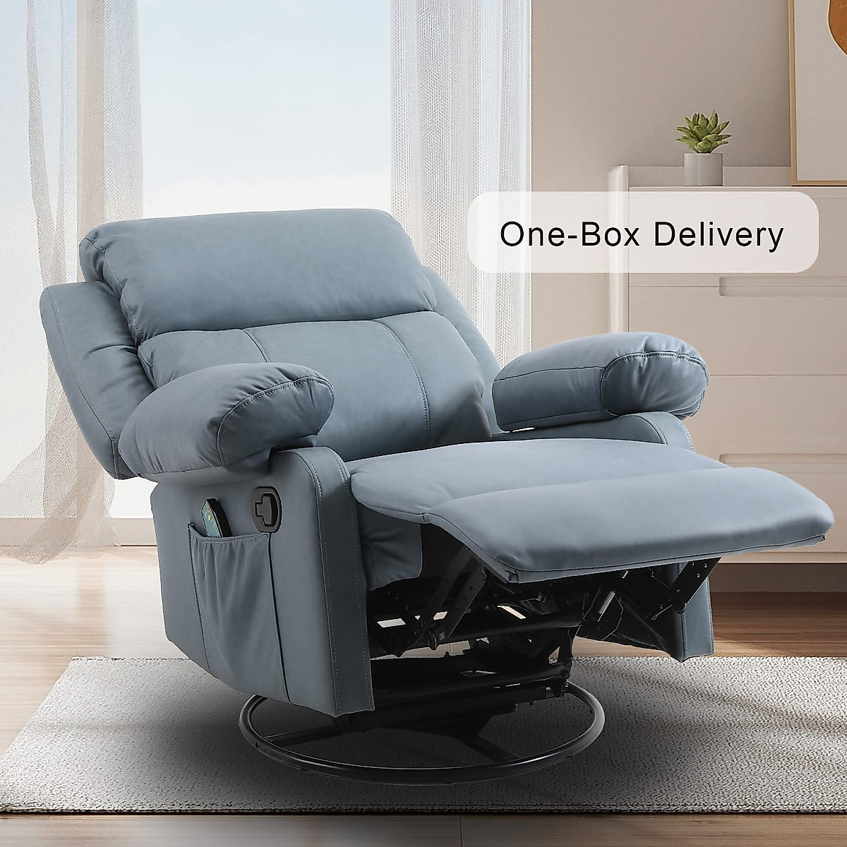 Kasorix Swivel Rocker Recliner Chairs, Nursery Glider Chair, Nursery Rocking Chairs, Overstuffed Manual Massage Recliners with Heat, Faux Leather Reclining Chair Single Sofa (Light Blue)