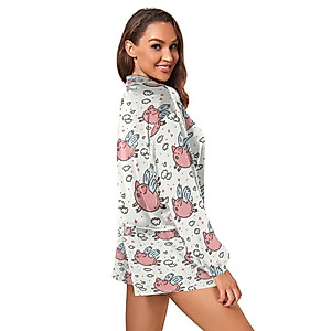 Kigai Pink Fly Pig Jogging Suits for Women Lounge Cozy Long Sleeve Half Zip Lapel Collar Sweatsuit Set,XL