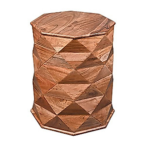 The Urban Port 23-Inch Handcrafted Drum Side Accent Table with a Multifaceted Diamond Cut Design, Natural Brown Acacia Wood