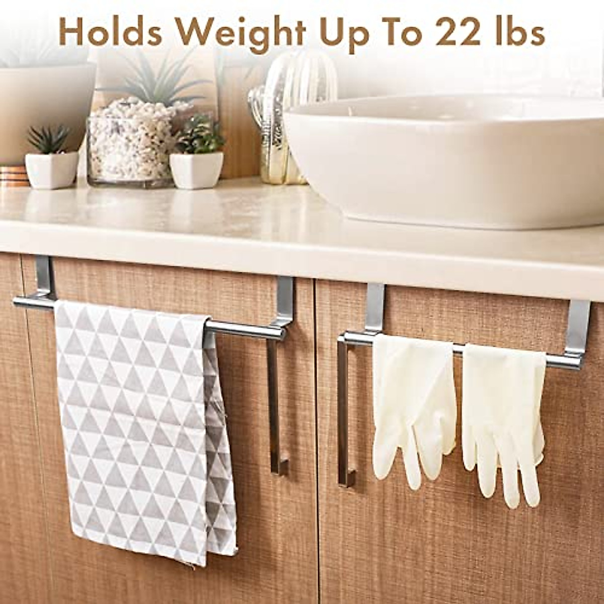 Over Cabinet Towel Bar with Hooks, 14 Inch Brushed Stainless Steel Over The Door Towels Rack for Home Bathroom Kitchen, Hang on Inside and Outside Cabinets or Doors, Holds Hand Dish Towels Washcloths
