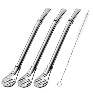 Bombilla Yerba Mate Straws, 3 Pack Reusable Colorful Tea Coffee Cocktail Stainless Steel Bent Smooth Flow Drinking Stir Filter Spoon Straws with Cleaning Brush by Beruth (silver)