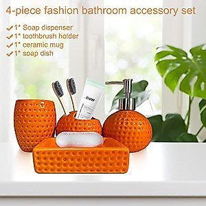 Bathroom Accessory Set Orange,4 Pieces Ceramic Bathroom Decor Accessories Complete Set,Includes Bathroom Soap Dispenser Set,Toothbrush Holder Set,Tumbler,Soap Dish