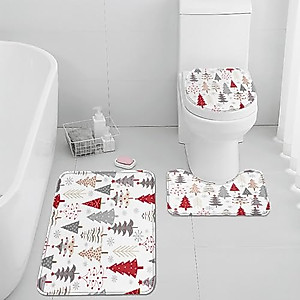ArtSocket Bathroom Rugs and Mats Set 3 Piece, Christmas Trees Red Doodle Holly Absorbent Microfiber Memory Foam Bath Mat Machine Washable Bathroom Floor Mats