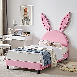 VECELO Kids Twin Bed Frame with Upholstered Headboard, Princess Beds for Girls, 12 Wooden Slats Support, No Boxing Spring Needed