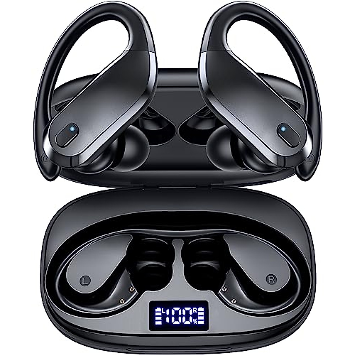 GNMN Bluetooth Headphones Wireless Earbuds V5.3 Over Ear Buds 50Hrs Playback Wireless Charging Case Waterproof Earphones Sports Headset with Earhooks & Dual Power Display for Running Workout