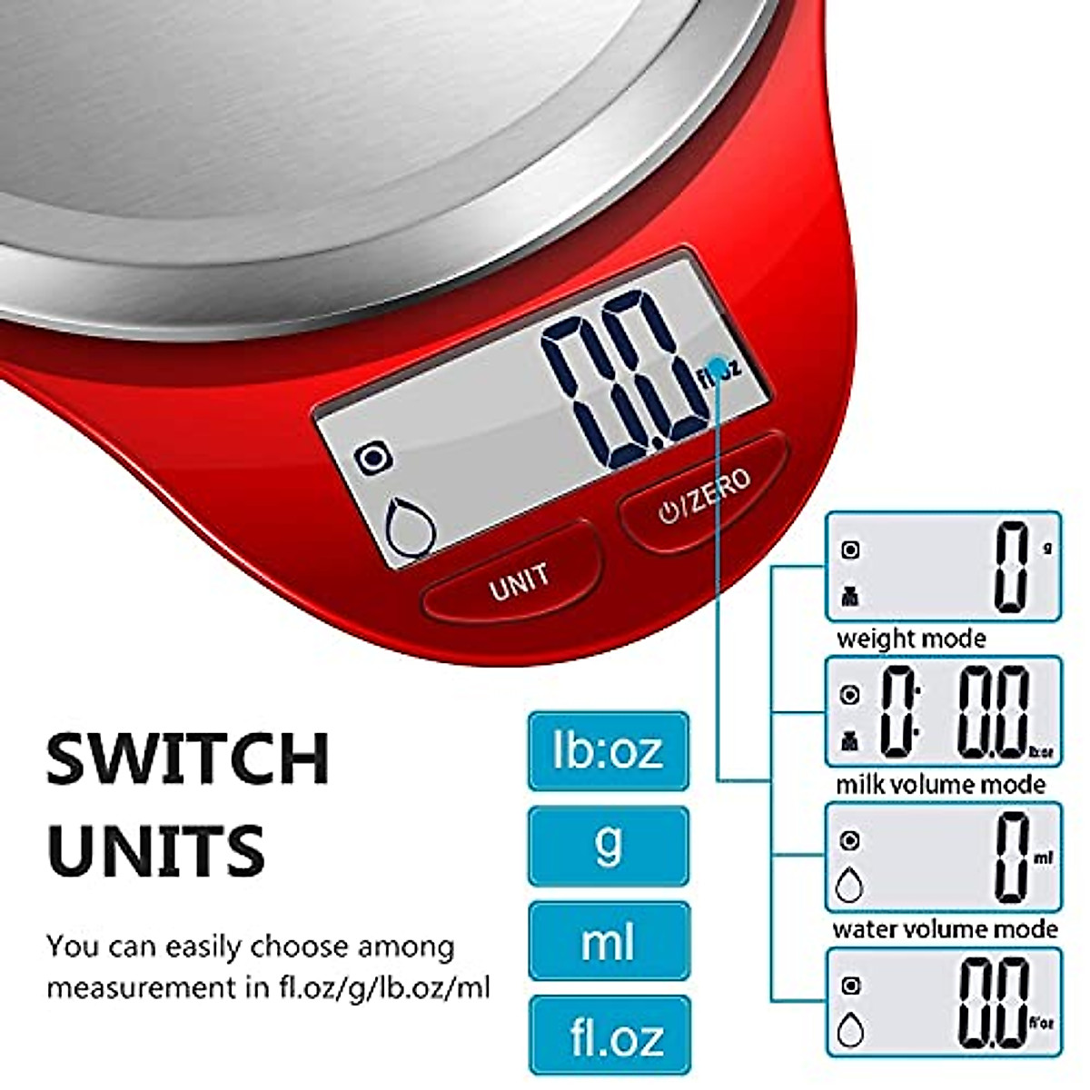 NUTRI FIT Digital Kitchen Scale with Wide Stainless Steel Plateform High Accuracy Multifunction Food Scale with LCD Display for Baking Kitchen Cooking,Tare & Auto Off Function (Red)