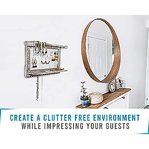 Comfify Rustic Jewelry Organizer – Wall Mounted Jewelry Holder w/Removable Bracelet Rod, Shelf & 16 Hooks – Perfect Earrings, Necklaces & Bracelets Holder – Rustic White