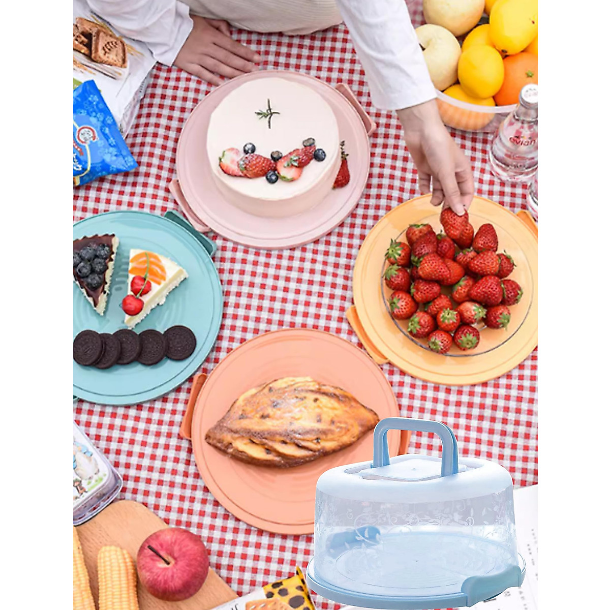 GLOGLOW 6/8 Inch Round Cake Carrier, Portable Cake Stand Cupcake Carrier with Lid Handle for Easily Hold Transport Cakes Pies Desserts (Blue)