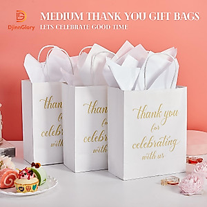 DjinnGlory 50 Pack Medium Sized White Paper Gift Bags with Tissue Paper 10x8x4 Inch, Thank You for Celebrating with Us Bags with Handles for Wedding Welcome Bridal Shower Party Favors Goodies