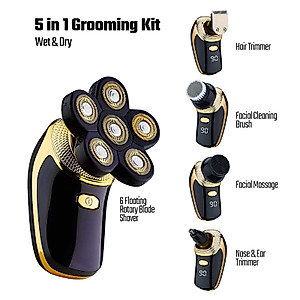 Head Shavers for Bald Men Wet and Dry, HerfsTec 6 Rotary Blade Heads Electric Razor, Bald Man 5-in-1 Grooming Kit with Clipper & Trimmer & Brush, IPX7 Waterproof, USB Charging, LED Display