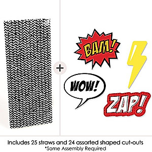 Big Dot of Happiness Bam Superhero Paper Straw Decor - Baby Shower or Birthday Party Striped Decorative Straws - Set of 24