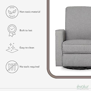Evolur Raleigh Glider in Light Grey, Upholstered Plush Seating 360° Swivel Glider Rocking Chair, FSC Certified, Greenguard Gold & JPMA Certified Nursery Glider Recliner