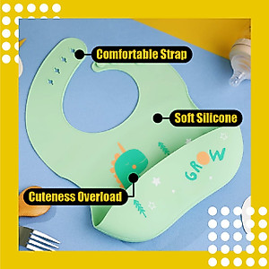 myHomeBody Waterproof Baby Bibs, Baby Bib Catcher, Baby Bib with Food Catcher, Baby Bibs Reusable, Cute Baby Bibs Silicone, Green Dinosaur, 1pc
