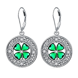 Shamrock Earrings Sterling Silver St Patrick’s Day Earrings Celtic Knot Leverback Earring Four Leaf Clover Earrings Green Irish Jewelry Gifts