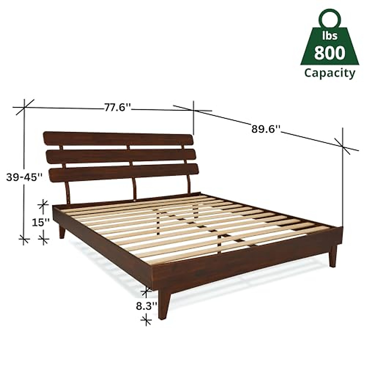 Bme Caden 15'' Bed Frame with Adjustable Headboard - Mid Century, Retro Style with Acacia Wood - No Box Spring Needed - Wood Slat Support - Easy Assembly - Walnut, King (U.S. Standard)