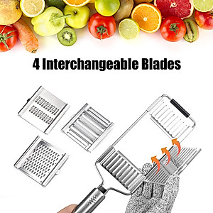 Paddsun 4 in 1 Multifunctional Grater Multi-Purpose Veggie Slicer Stainless Steel Cheese Grater Vegetable Chopper with 4 adjustable Blades for Parmesan Cheese, Vegetables, Ginger
