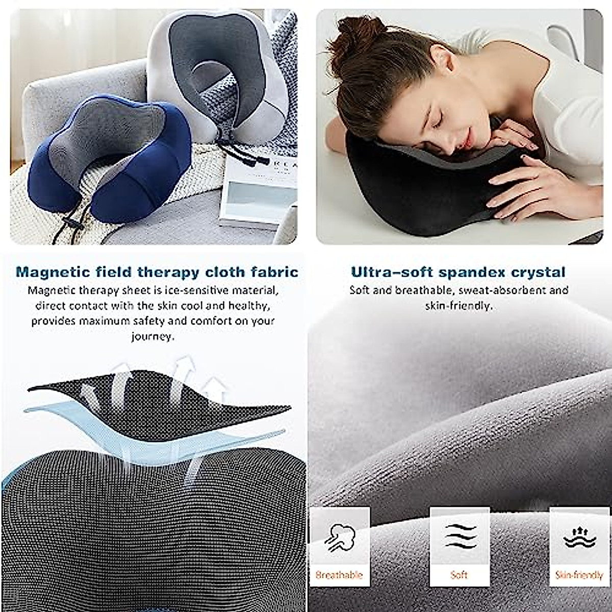 KLERICER Travel Neck Pillow, Memory Foam Neck Pillow for Airplane, Portable 360°Head Support Travel Foam Neck Pillow, with Eye Mask,Earplug and Carry Bag for Airplane, Sleeping, Office (Black)