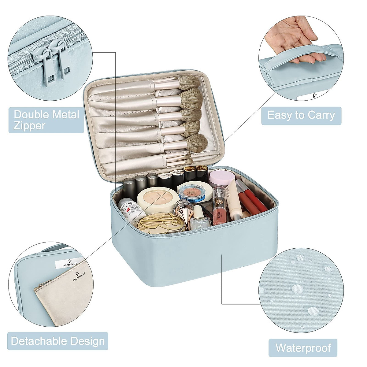 Pocmimut Makeup Cosmetic Bag for Women Cosmetic Travel Makeup Large Toiletry Bag for Girls Make Up Brush Bags Reusable Toiletry Bag(Blue)