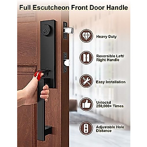 Tinewa Full Escutcheon HandleSet Front Door Entry Handle and Deadbolt Lock Set Slim Square Single Cylinder Deadbolt and Lever Heavy Duty – Matte Black Finish