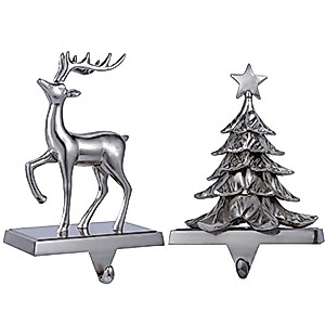 Stocking Holder Set of 2 -Tree Christmas Reindeer Stocking Hanger for Mantel -3D Metal Deer Christmas Stocking Holder for Fireplace Mantle - Heavy Stocking Holder for Mantle with Hook (Antique Silver)