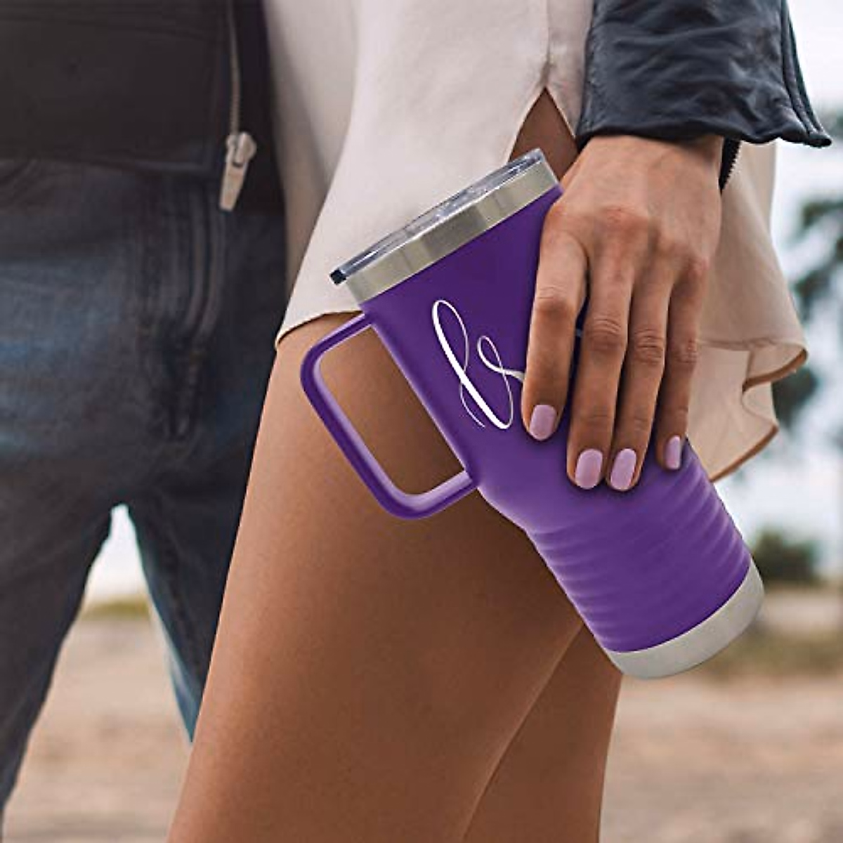 Personalized Travel Mug with Handle and Name Purple Matte Finish Custom Laser Engraved 20 oz Stainless Steel Vacuum Insulated Coffee Cup with Lid