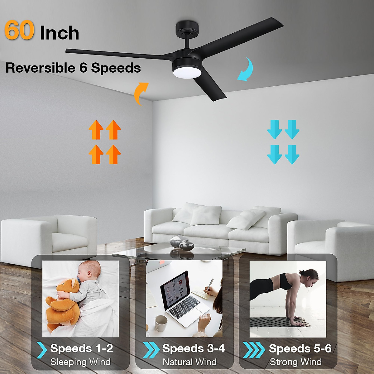 cumilo 60” Large Smart Ceiling Fans with LED Lights Remote,Indoor Outdoor Black Ceiling Fan Controlled by WIFI Alexa App,Quiet DC Motor,6-speed,Dimmable,Modern 3 Blades for Bedroom Living Room Patio
