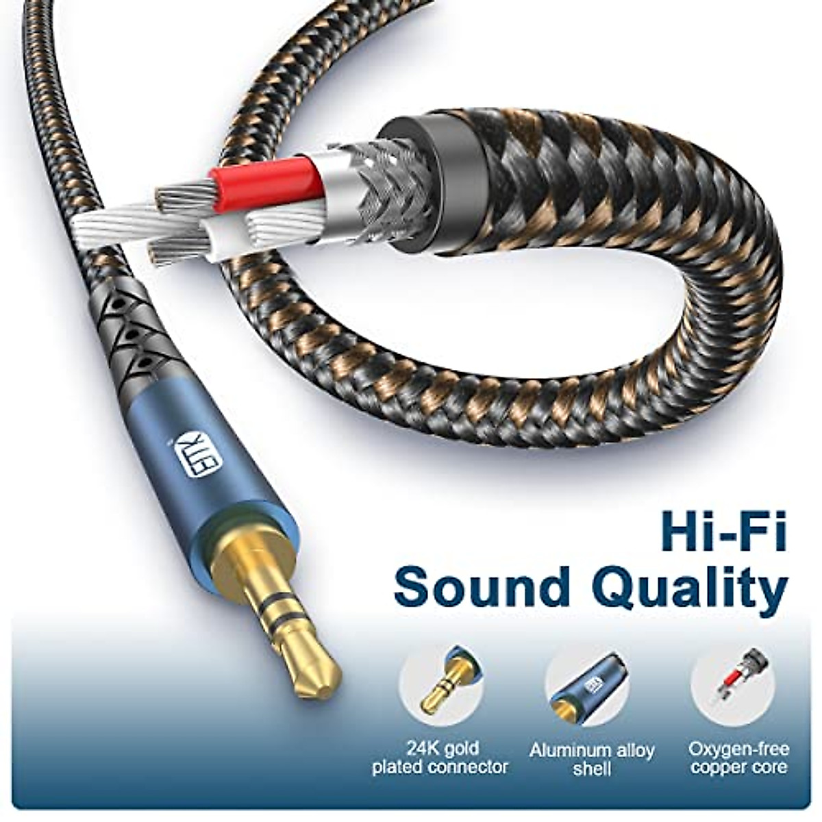 EMK 90 Degree Aux Cable 3.5 mm Auxiliary Cord Male to Male Stereo Aux Cable for Car 24K Gold Plated Hi-Fi Sound Quality Nylon Braided for Laptop Phone Tablet MP3 Player Stereo Speaker (3.3ft/1m)