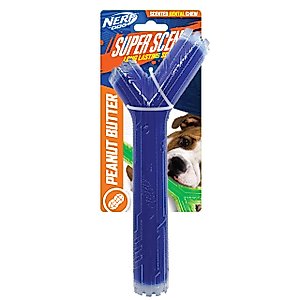 Nerf Dog 10in TPR/PP Scented Peanut Butter SuperScent Stick Solid Core -Clear/Blue, (NF-7133)