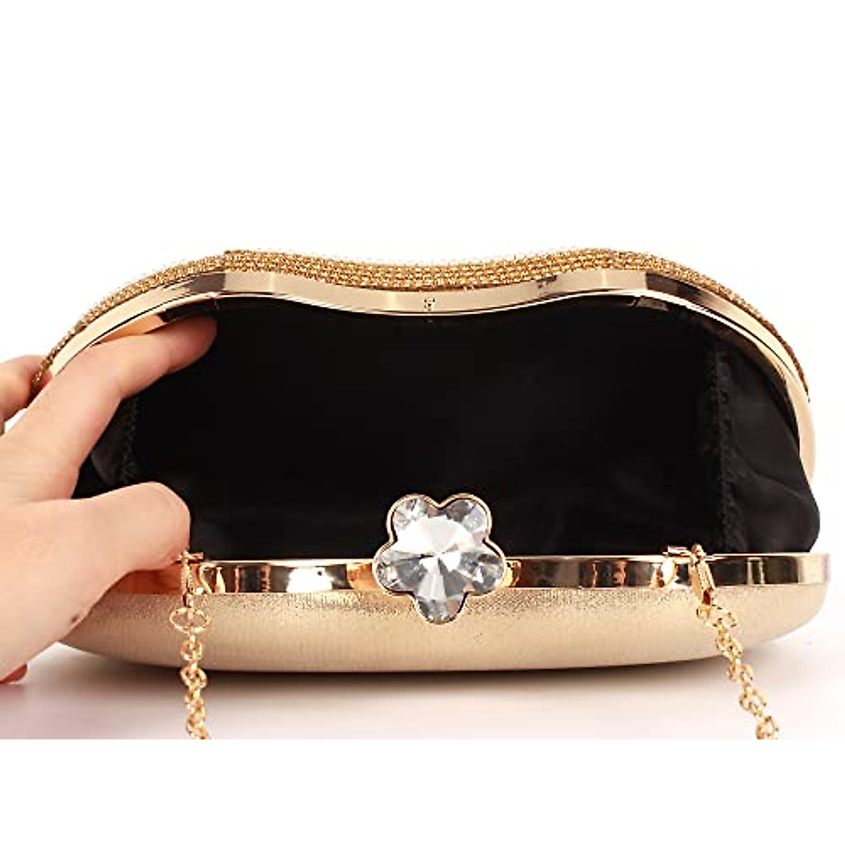 Felice Ann Mini Flower Rhinestone Studded Metal Top-Handle Bag Evening Clutch Chain Strap Cross Body Shoulder Bag
