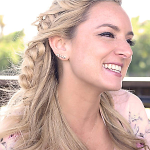 Humble Chic Ear Climber Earrings for Women, Gold Ear Cuff Earrings, Hypoallergenic Gold Dainty Earrings, Climbing CZ Crystal Gold Earrings, Leaf Ear Crawler Stud, Gold Flower Earrings, 14K Gold Plated