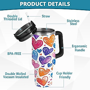 FRCSDIY Colorful Love Insulated Tumbler with Handle and Straw Lid,40oz Leakproof Stainless Steel Cup BPA-Free Water Bottle