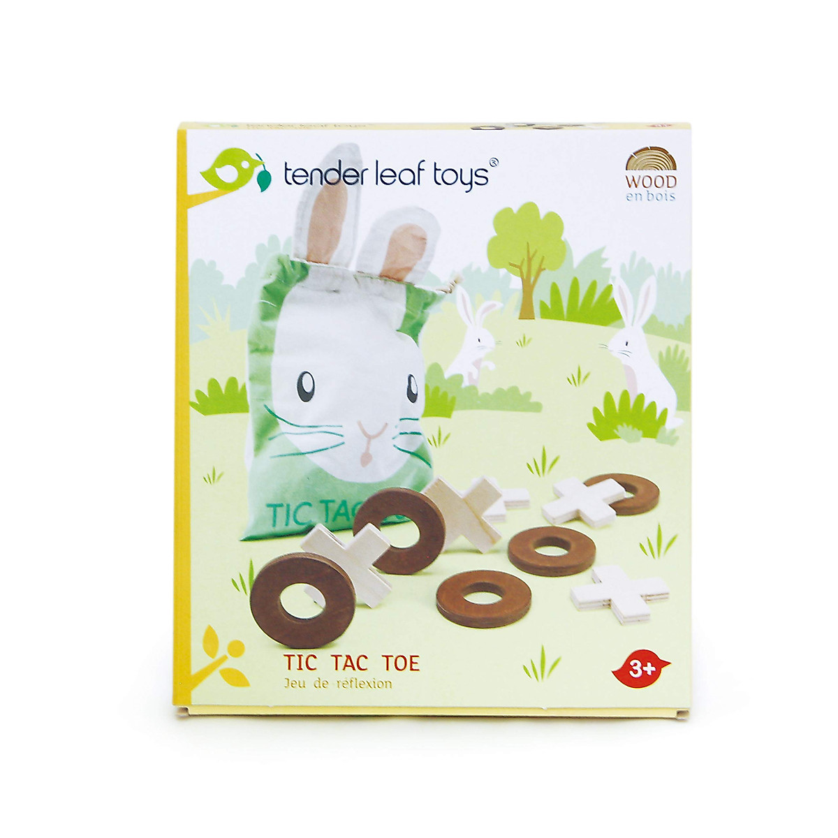 Tender Leaf Toys - Tic Tac Toe - Wooden Tic Tac Toe Game with Bunny Drawstring Bag - Travel Board Game for Kids and Adults - Age 3+